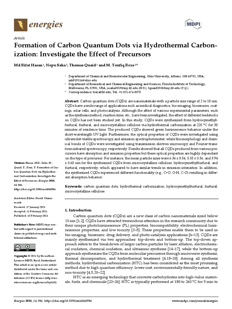 Formation of Carbon Quantum Dots Via Hydrothermal | PDF | Emission ...
