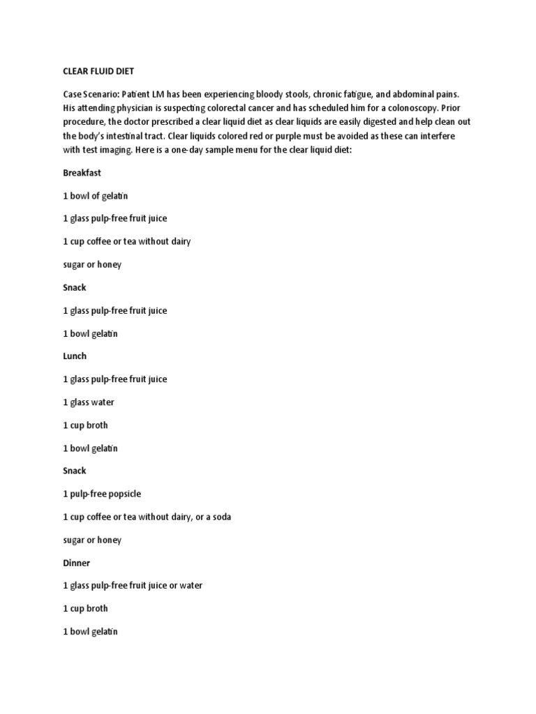 Hospital Diets (Clear Fluid Diet) | PDF | Colonoscopy | Food And Drink