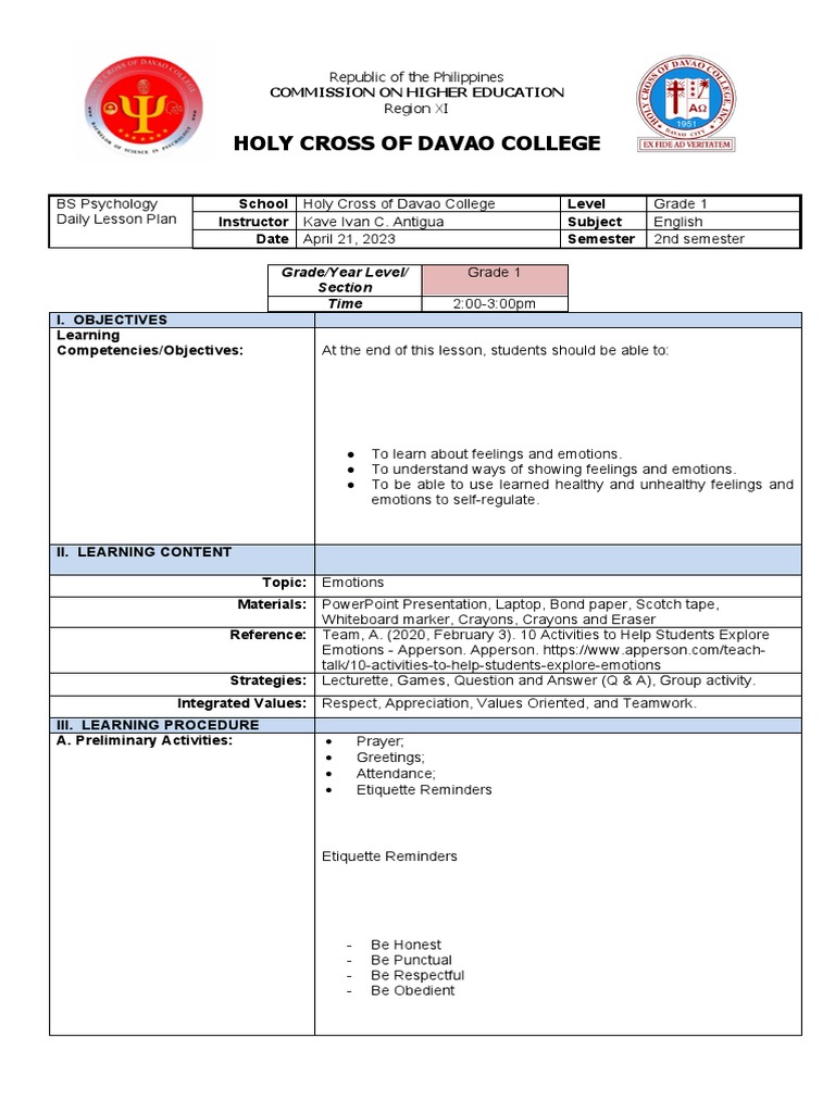 4as Lesson Plan Example ANTIGUA | Download Free PDF | Teachers | Emotions