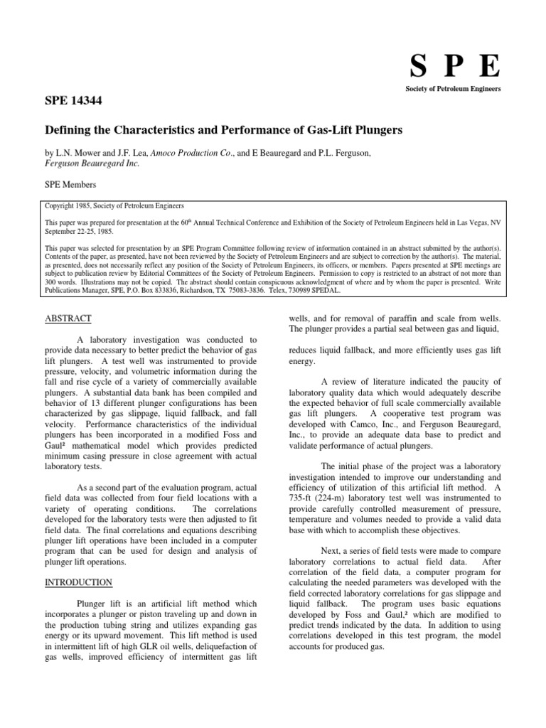 Plunger Lift 14344 Spe Paper | PDF