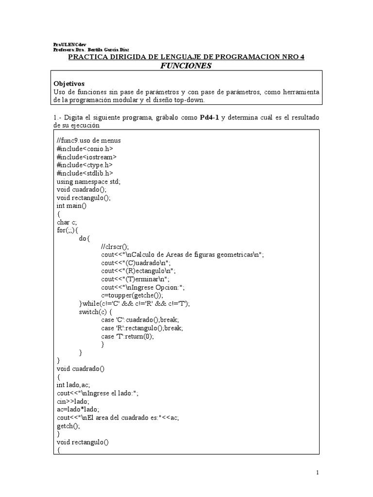 Funciones: Practica Dirigida de Lenguaje de Programacion Nro 4 ...