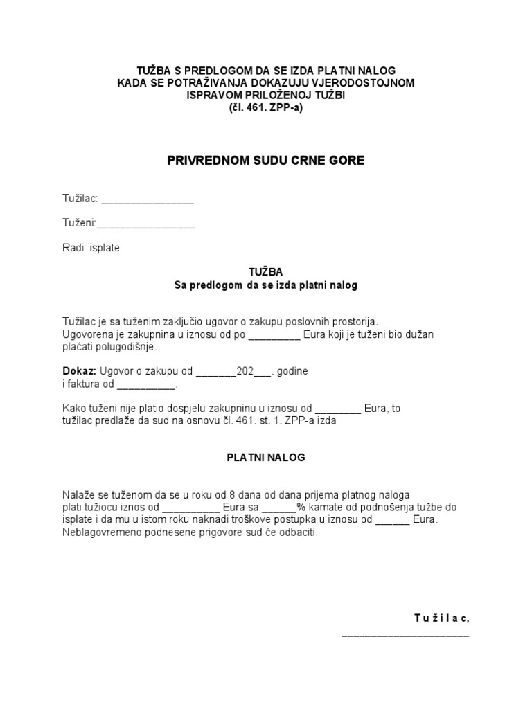 Tužba S Predlogom Da Se Izda Platni Nalog Privredni Sud | PDF