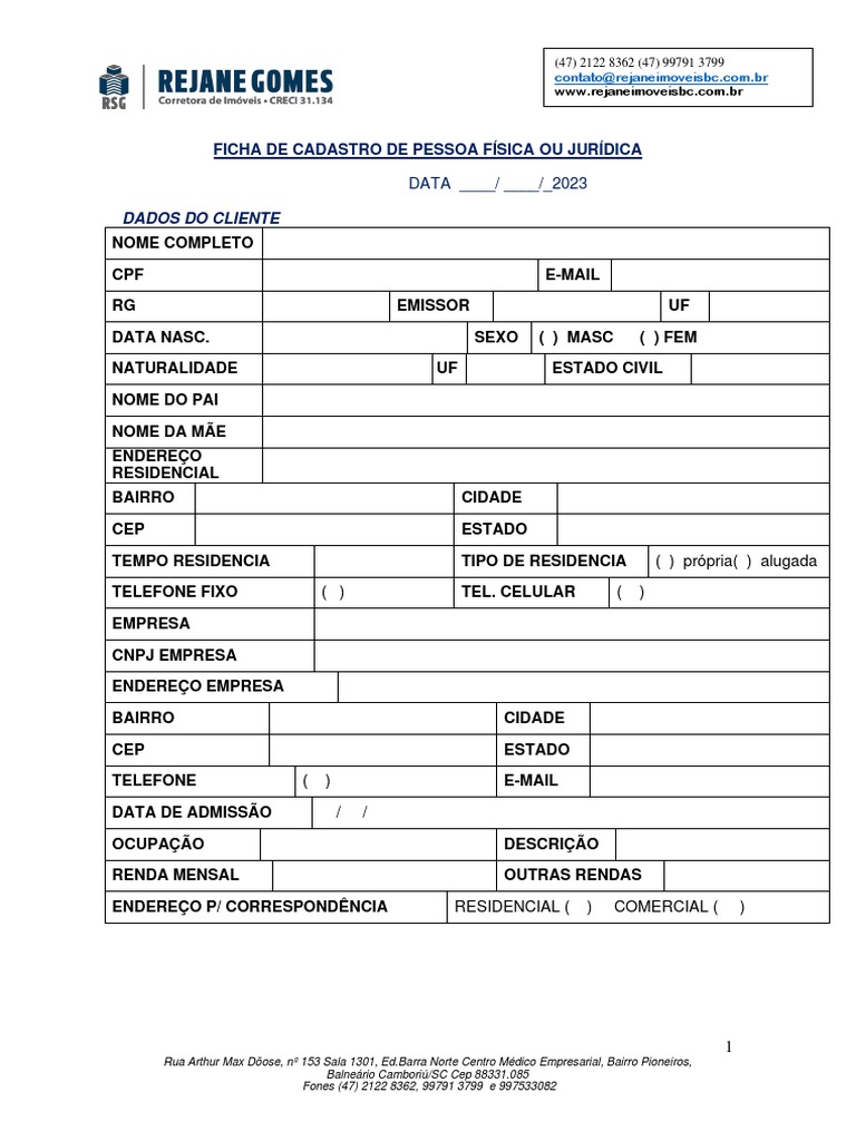 Ficha de Cadastro de Pessoa Física Ou Jurídica 2023 | PDF | Business ... Ficha de Cadastro de Pessoa Física Ou Jurídica 2023 | PDF | Business ...