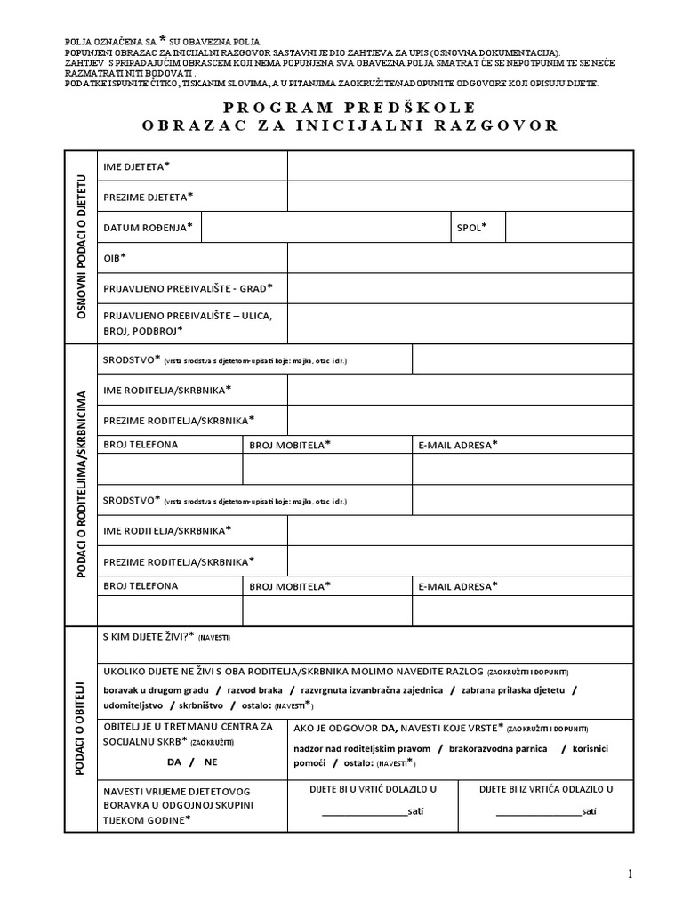 2020-2021 Obrazac Za Inicijalni Razgovor - Program Predškole | PDF