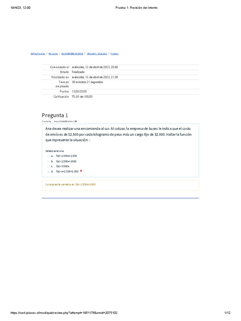Prueba 1 - Revisión Del Intento | PDF | Pendiente | Cantidad