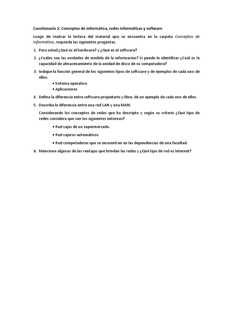 TP 2 - Cuestionario 2 - Conceptos de Informatica, Redes Informaticas y Software | PDF