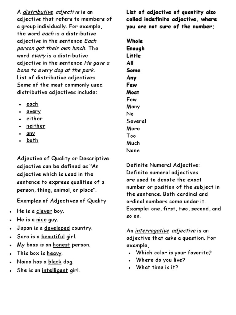 List of Types of Adjectives Grade 4 | PDF | Adjective | Sentence ...