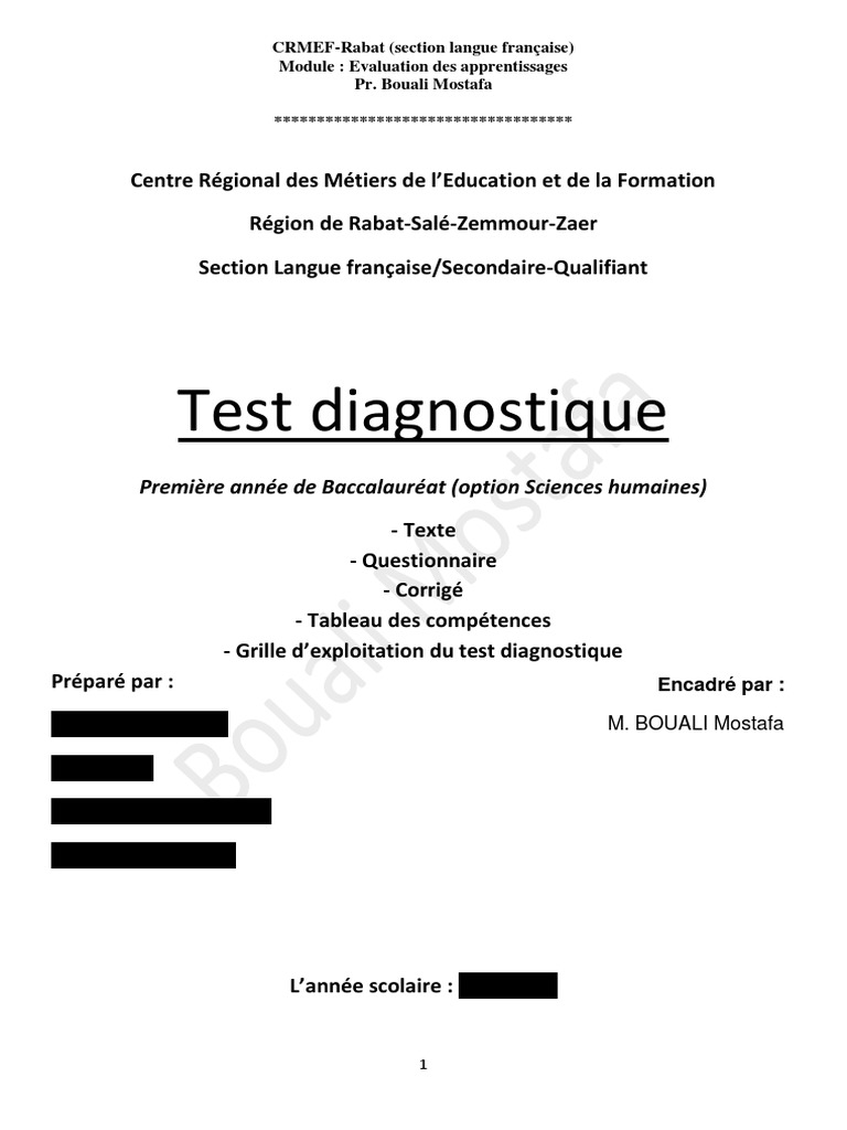 Français EXEMPLE DE TEST DIAGNOSTIQUE | PDF | Mécanique du langage ...