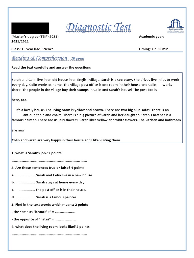 Anglais Exemple de Diagnostic Test - 1st Year Bac | PDF