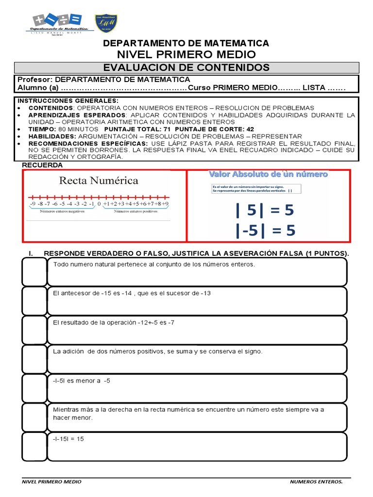Evaluación de Números Enteros 1° Medio | PDF | Entero