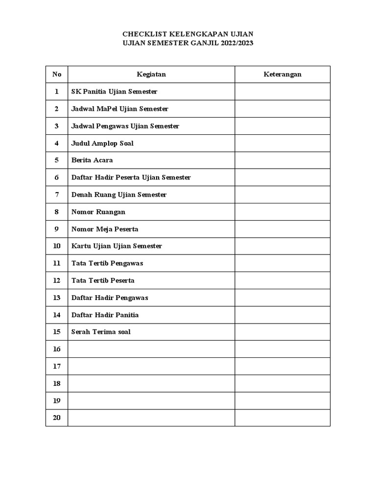 Checklist Kelengkapan Ujian Semester 2022/2023 | PDF