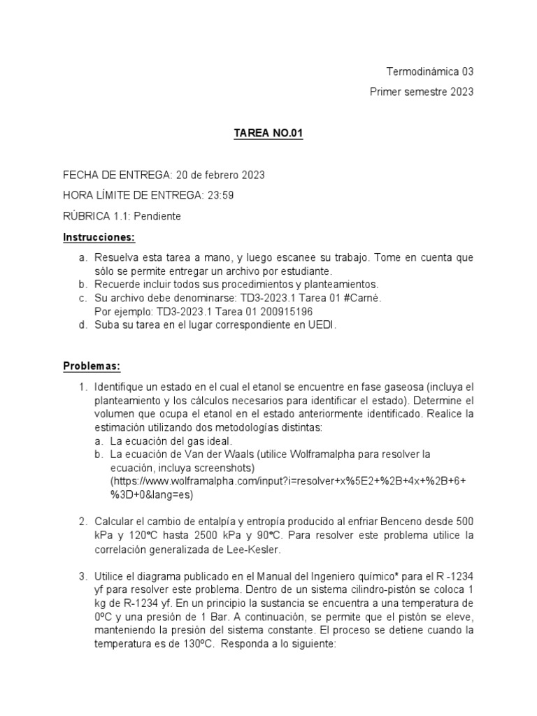 TD3-2023.1 Tarea No.1 | PDF | Gases | Temperatura