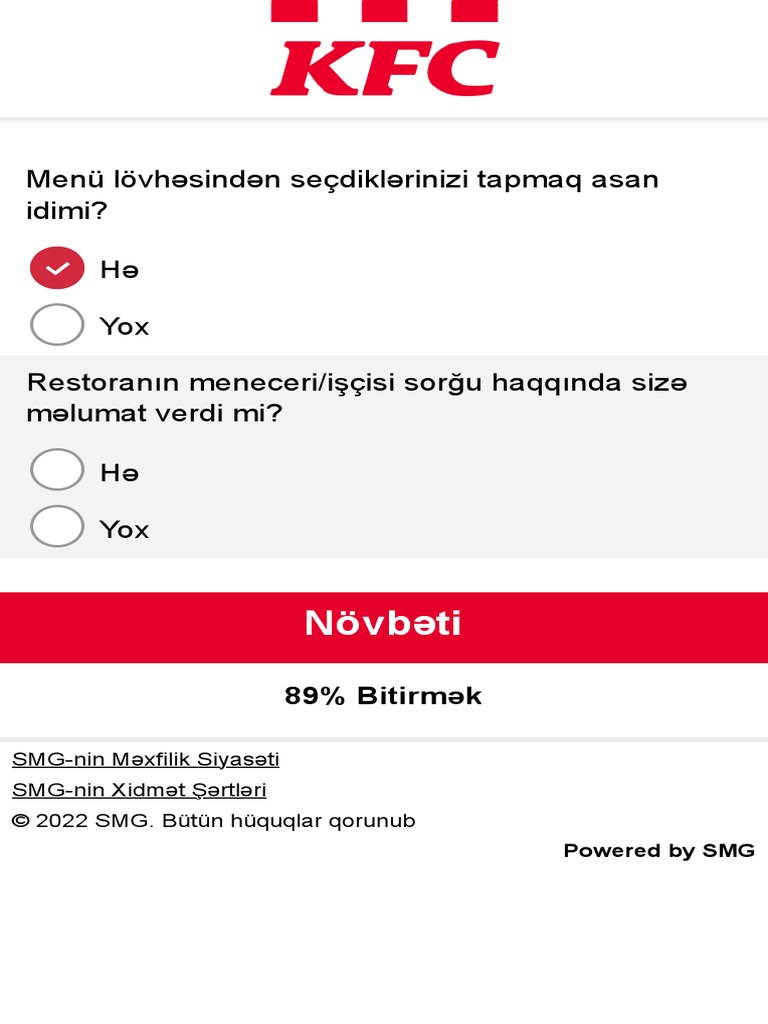 KFC Azərbaycan Guest Experience Survey - Təşəkkür Edirik! - 89 Bitirmək PDF | PDF