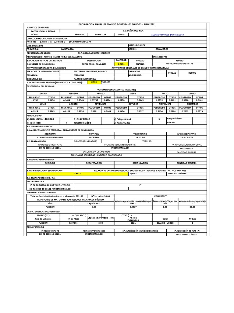 FORMATO DE DECLARACION ANUAL DE RESIDUOS SOLIDOS 2022 TODOS LOS EESS ULTIMO.xlsx | PDF ...