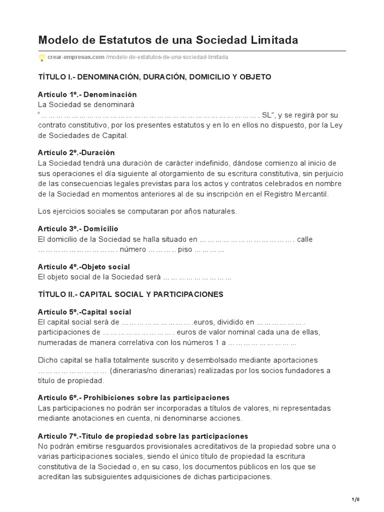 Estatuto de Una Sociedad Limitada PDF | Descargar gratis PDF | Sociedad de responsabilidad ...