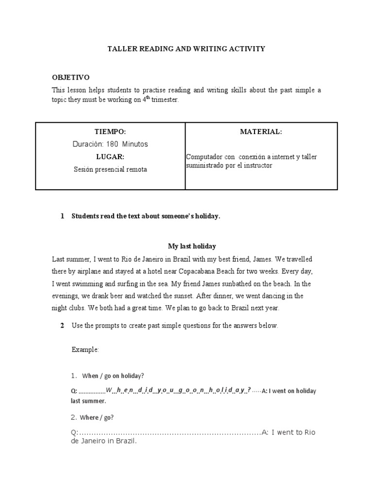 Practicing Past Simple Tenses Through A Holiday Reading Activity Pdf
