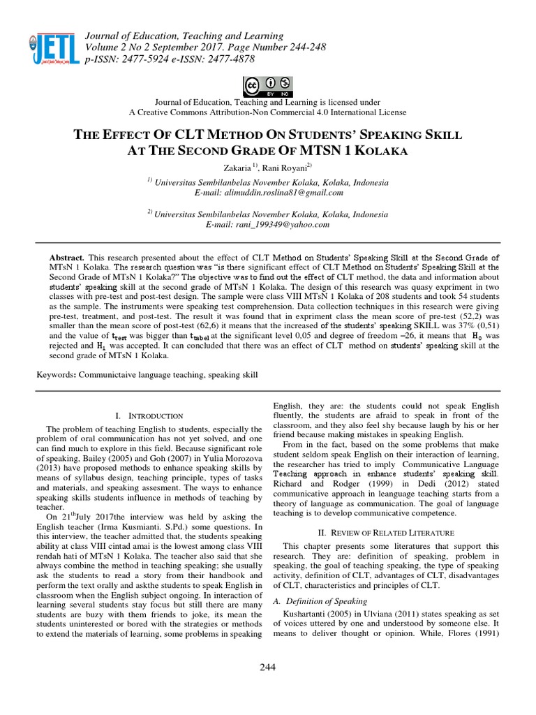 The Effect of CLT Method On Students Speaking Ski | PDF | Second Language Acquisition | Language ...