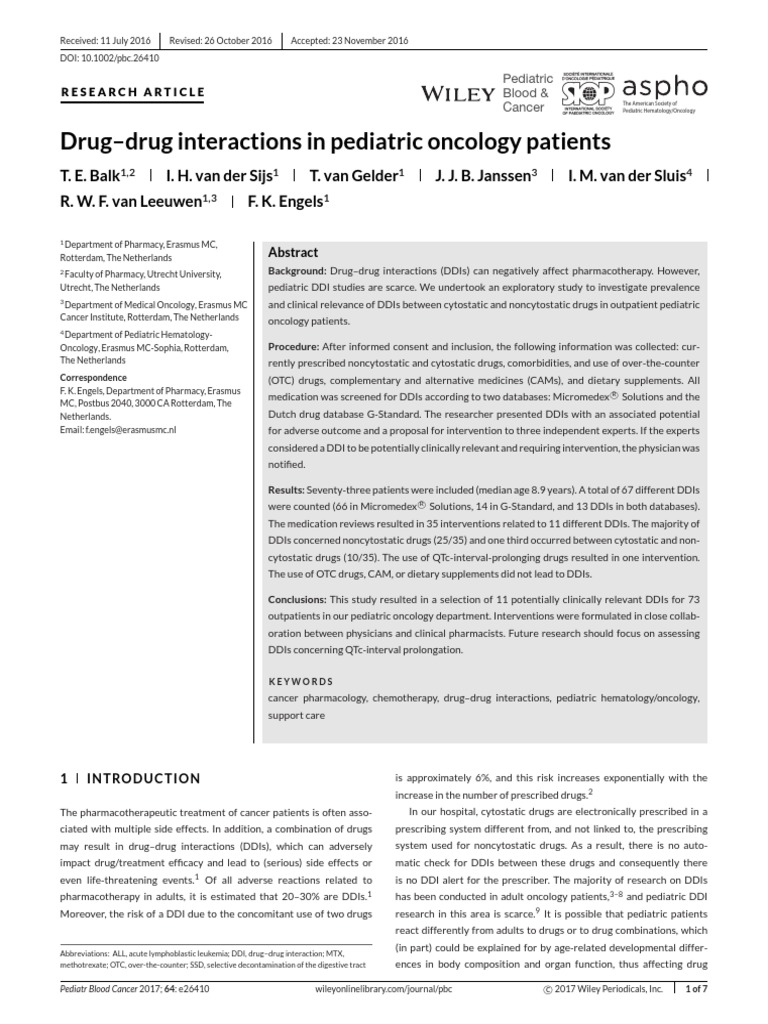 Pediatric Blood Cancer - 2017 - Balk - Drug Drug Interactions in Pediatric Oncology Patients PDF ...
