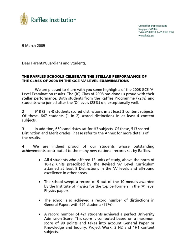 GCE A Level 2008 Results - Letter To Parents | PDF | Gce Advanced Level ...