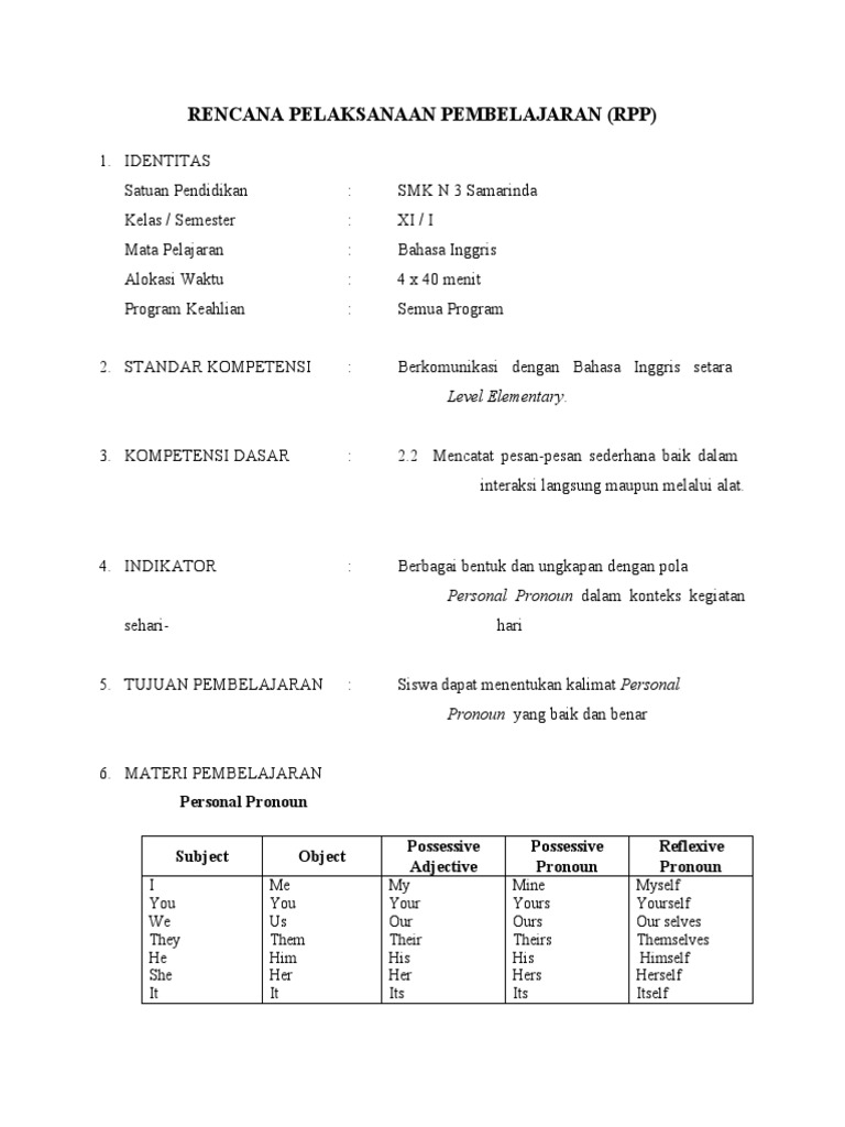 RPP (Personal Pronoun) | PDF