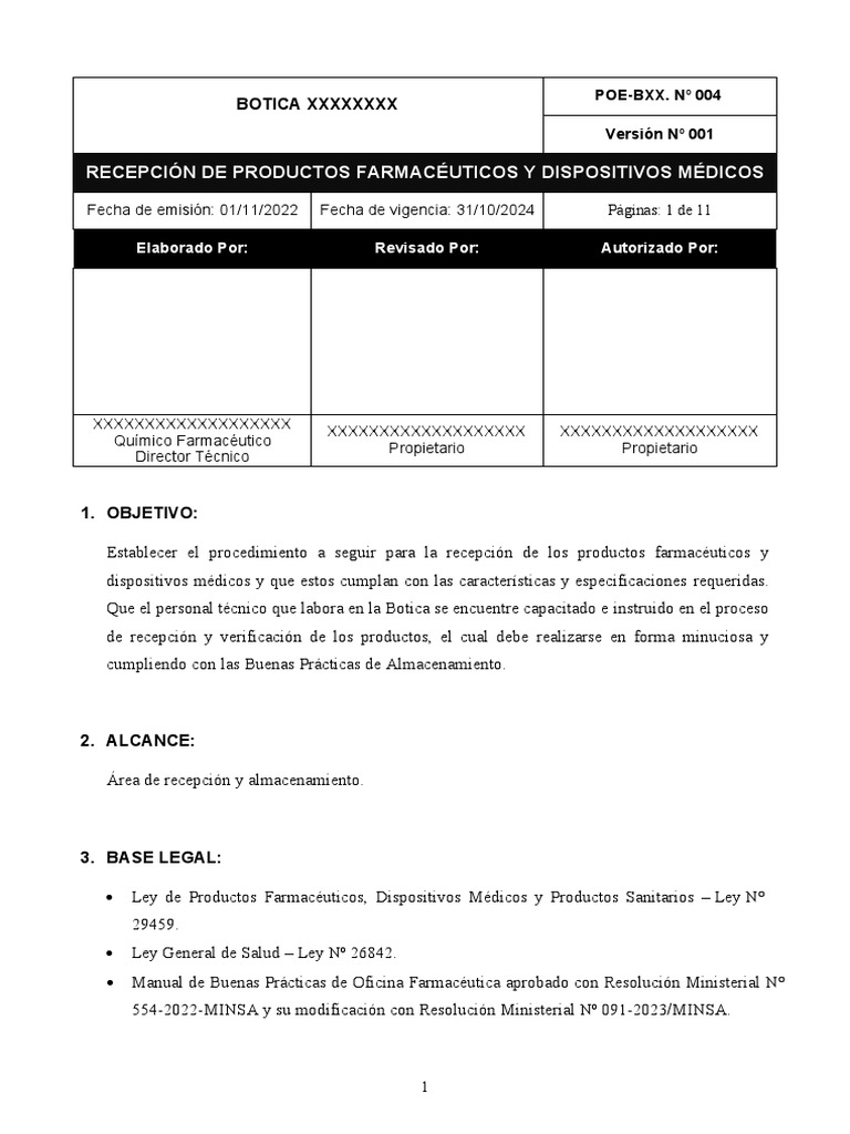 Poes 004 Recepción de Productos Farmacéuticos y Dispositivos Médicos | PDF | Farmacia ...