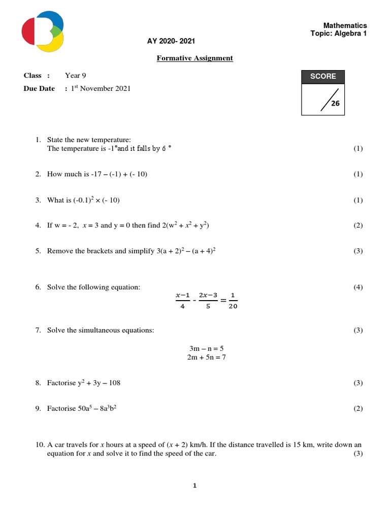 Formative Assessment - Algebra - 1st Nov 2021 PDF | PDF | Speed ...