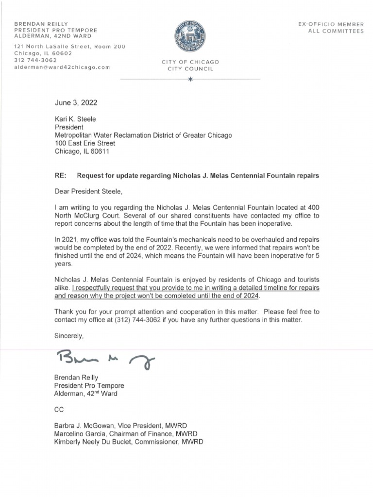 Alderman Reilly Letter To MWRD - Centennial Fountain | PDF