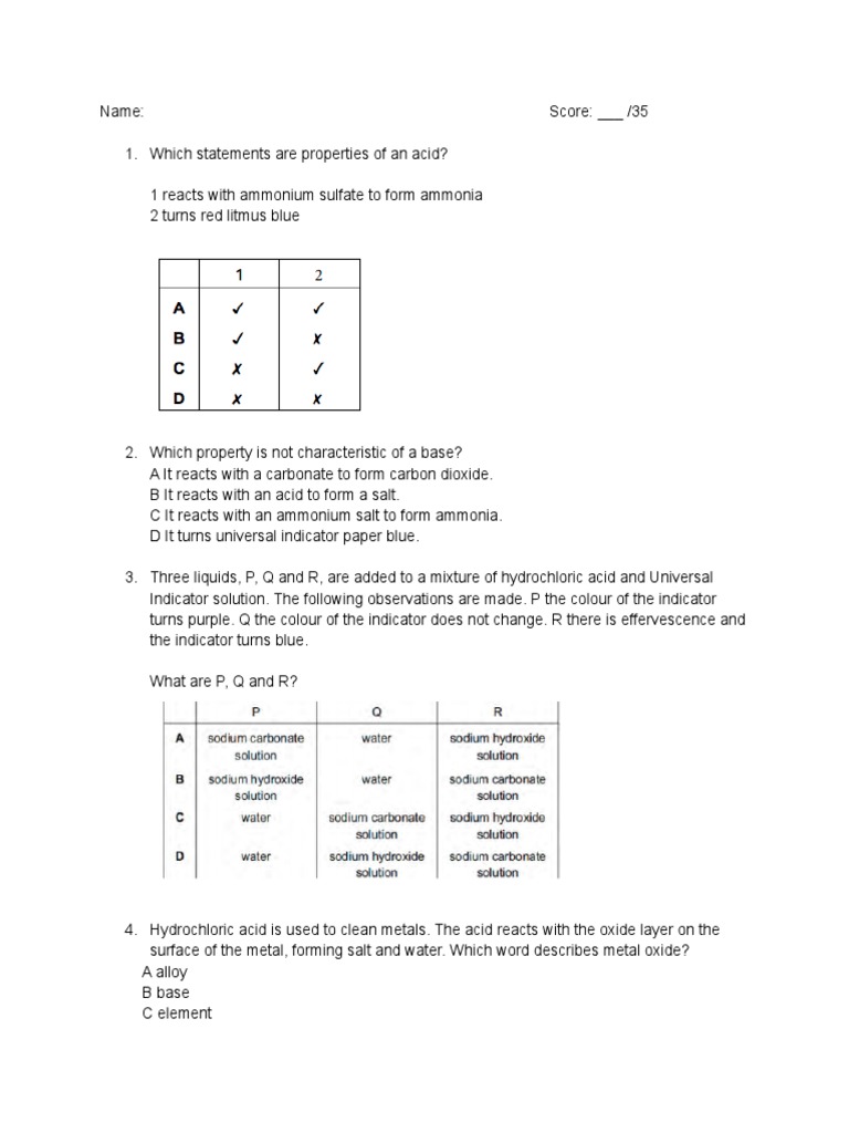 Acid Base FOrmative Test Year 9 | PDF