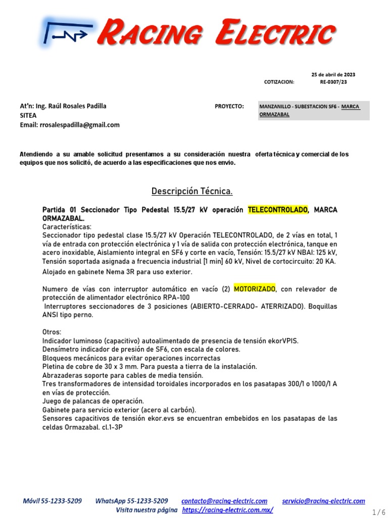 Cot 307 Sub SF6 Manzanillo Ormazabal PDF | PDF