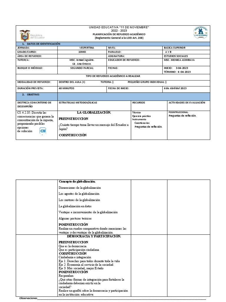 MSc. Monica Asimbaya Refuerzo 10mo A y B | PDF | Globalización