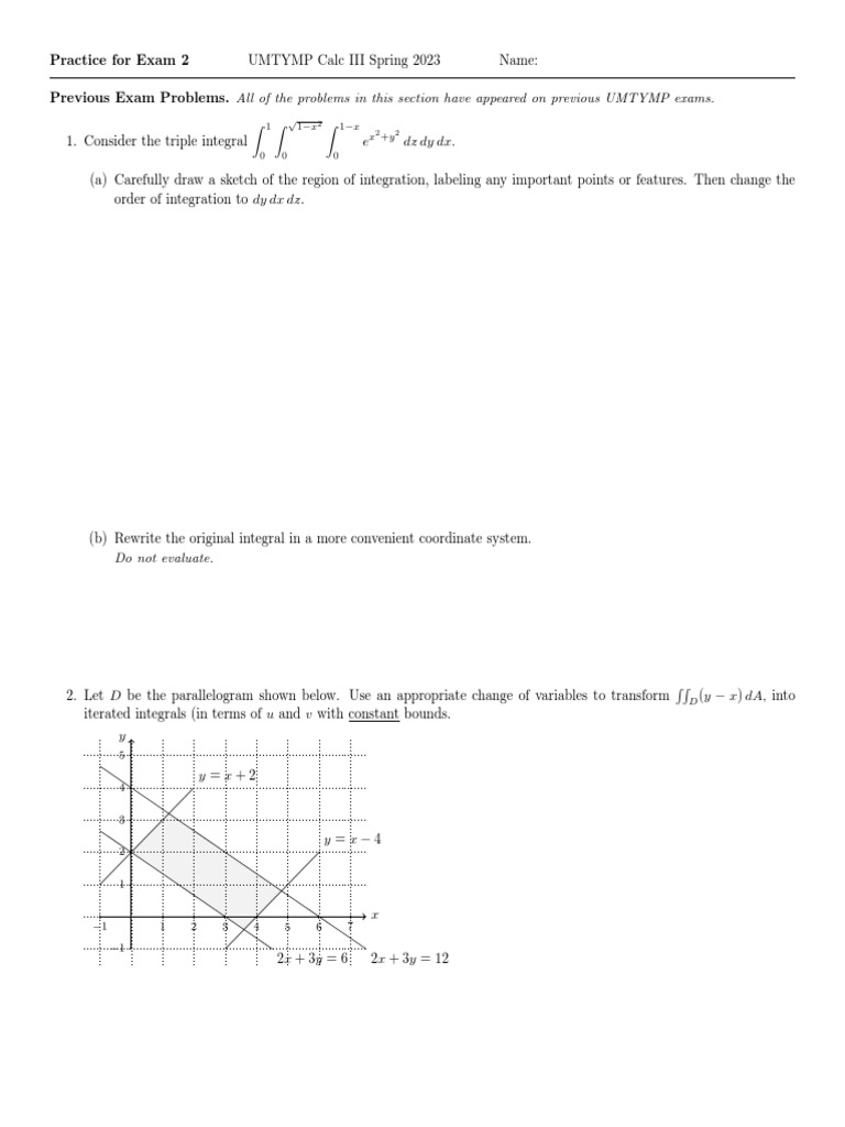 UMTYMP Calc III Exam 2 Practice Guide | PDF | Integral | Geometry
