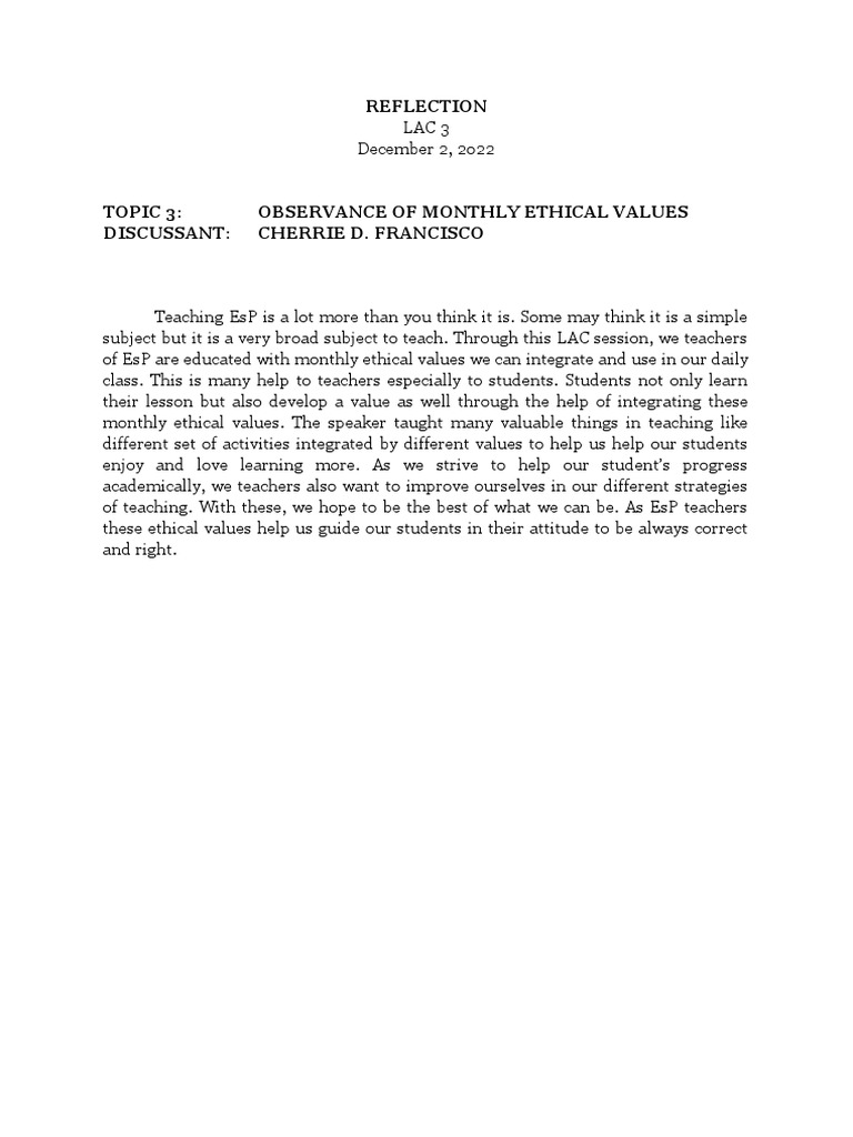 Reflections on Monthly Ethical Values and Teaching Discipline | PDF