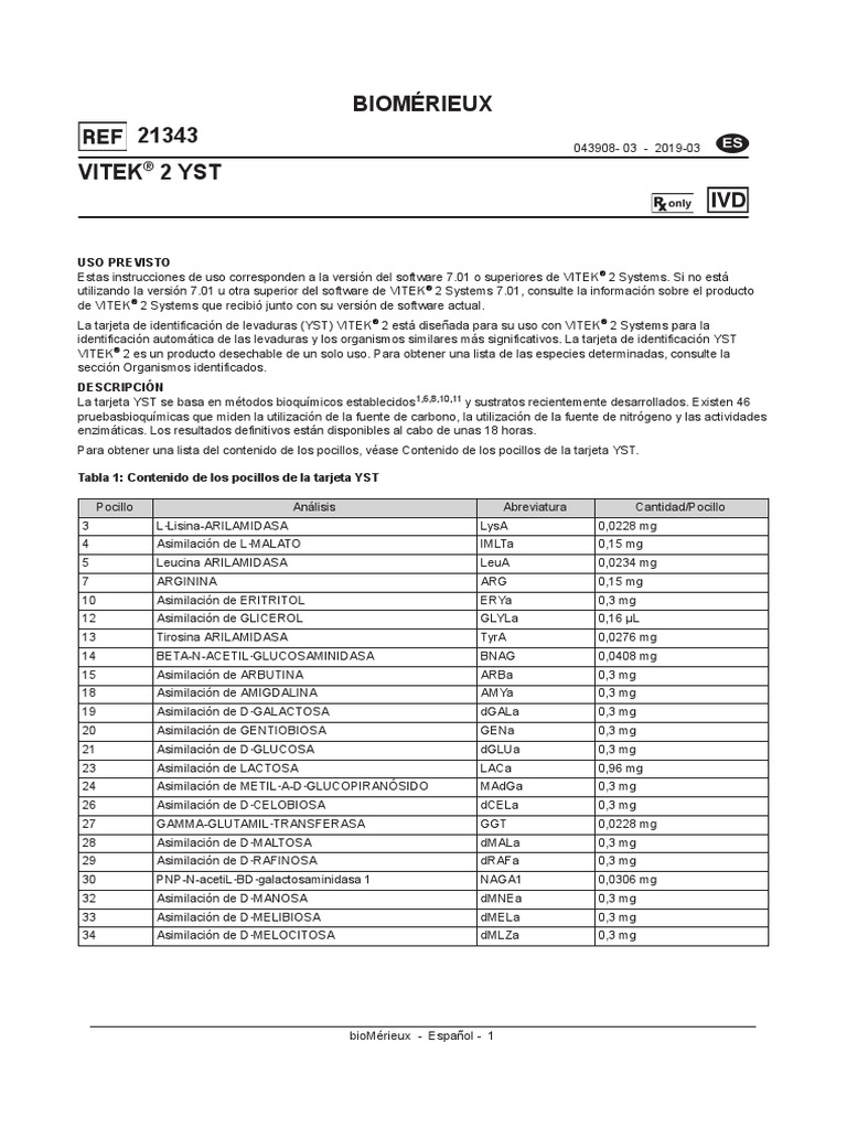 Guía de uso de la tarjeta de identificación de levaduras VITEK® 2: descripción de las pruebas ...