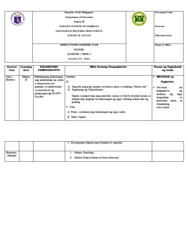 WHLP Filipino 10 q1w4 | PDF