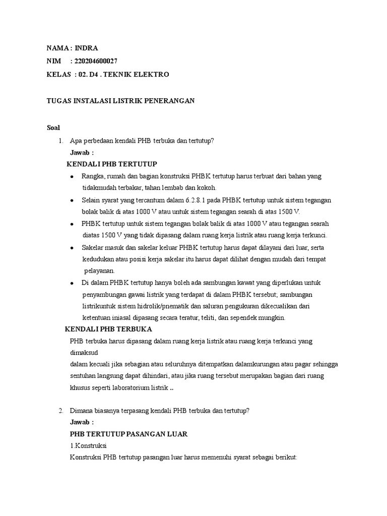 Tugas - Soal Dan Gambar Instalasi PHB - INDRA - 02 - 220204600027 PDF | PDF