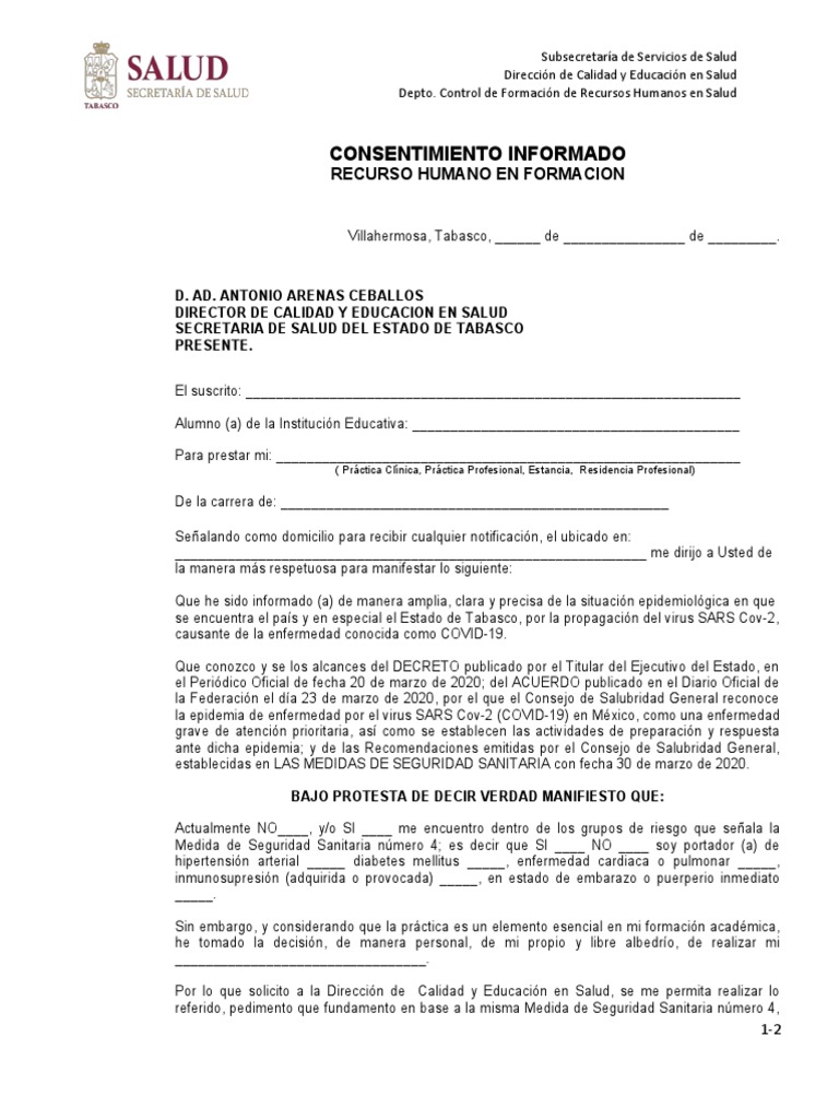 Formato CONSENTIMIENTO INFORMADO PRACTICAS | PDF | Ciencias de la Salud