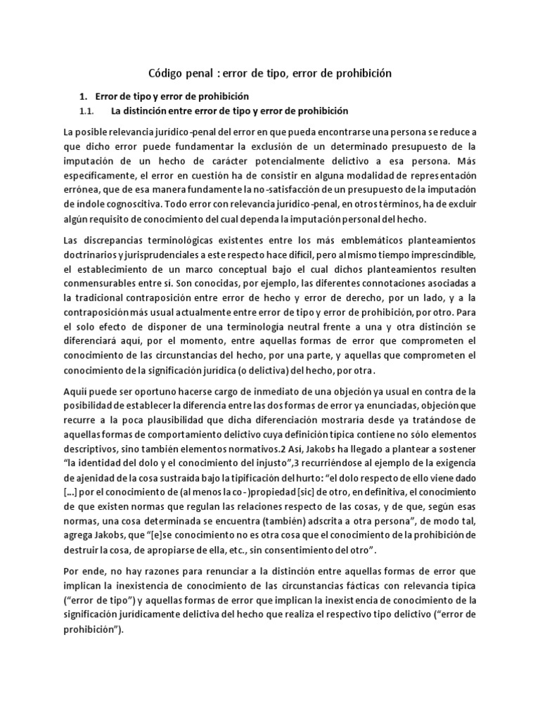 Codigo Penal Error de Tipo Error de Prohibicion | PDF | Intención ...