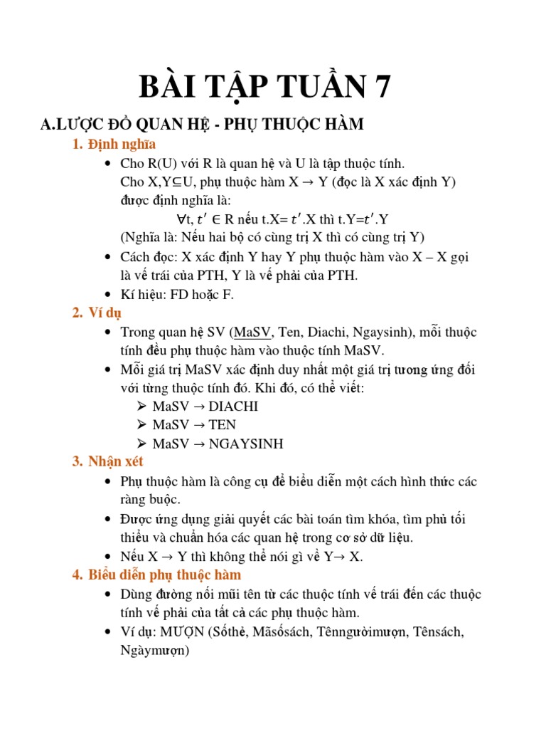 Bài Tập Tuần 7: A. Lược Đồ Quan Hệ - Phụ Thuộc Hàm | PDF