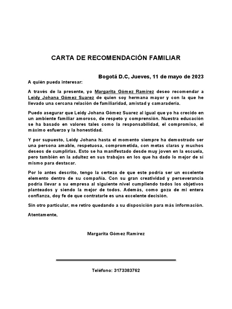 Carta de Recomendacion Familiar para Un Hermano | PDF