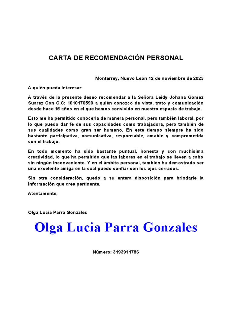 Recomendación para Leidy Johana Gomez | PDF