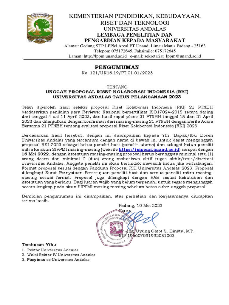121 - Pengumuman RKI 2023 - LPPM Unand PDF | PDF