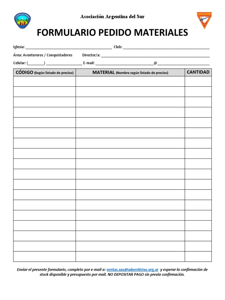 Formulario PEDIDO MATERIALES | PDF