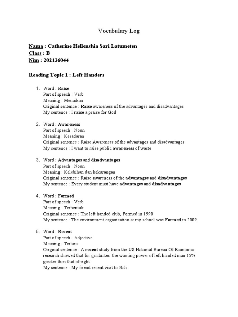 Vocabulary Log | PDF | Part Of Speech | Adverb