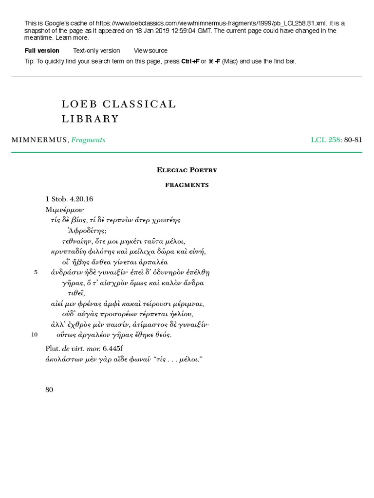 MIMNERMUS, Fragments - Loeb Classical Library | PDF MIMNERMUS, Fragments - Loeb Classical Library | PDF