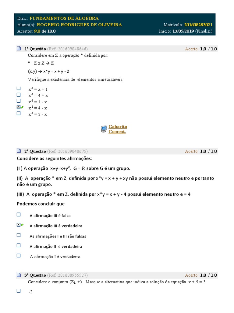 Fundamentos de Álgebra Prova | PDF | Matemática | Álgebra