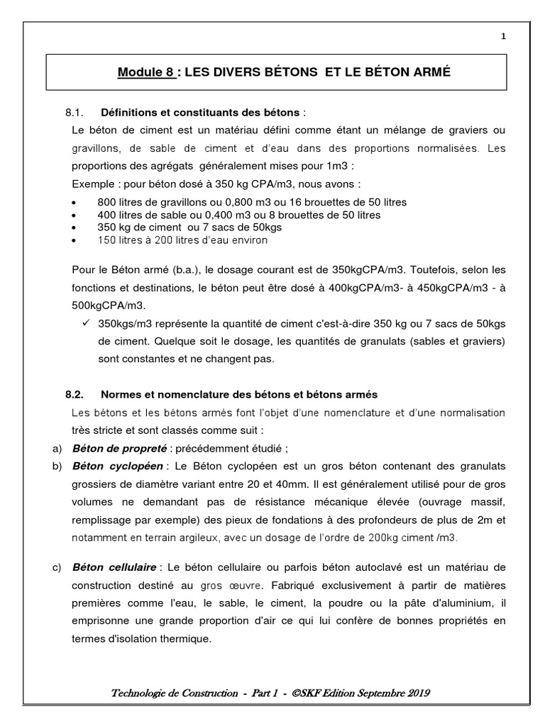 COURS TECHNO. L1. Module 8. LES BETONS ET LE BETON ARME. Sept 2019 PDF | PDF | Béton | Béton armé