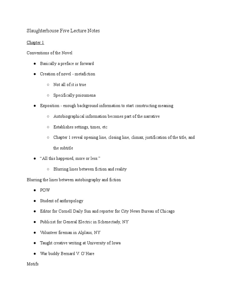 Slaughterhouse-Five Lecture Notes: Chapters 1-2 | PDF | History | Classics