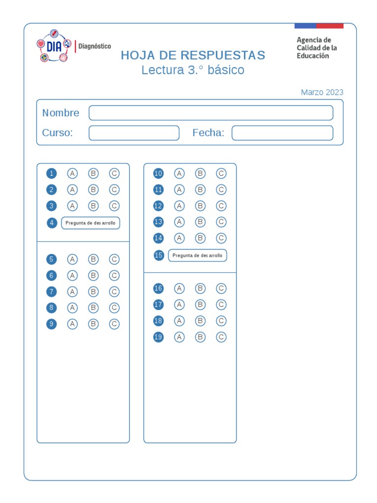 Hoja de Respuestas Lectura Diagnostico 2023 3 Basico | PDF