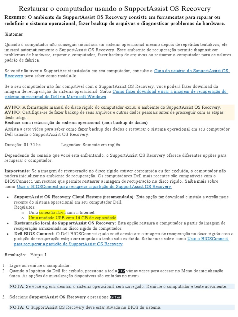 Restaurar PC Usando SupportAssist OS Recovery | PDF