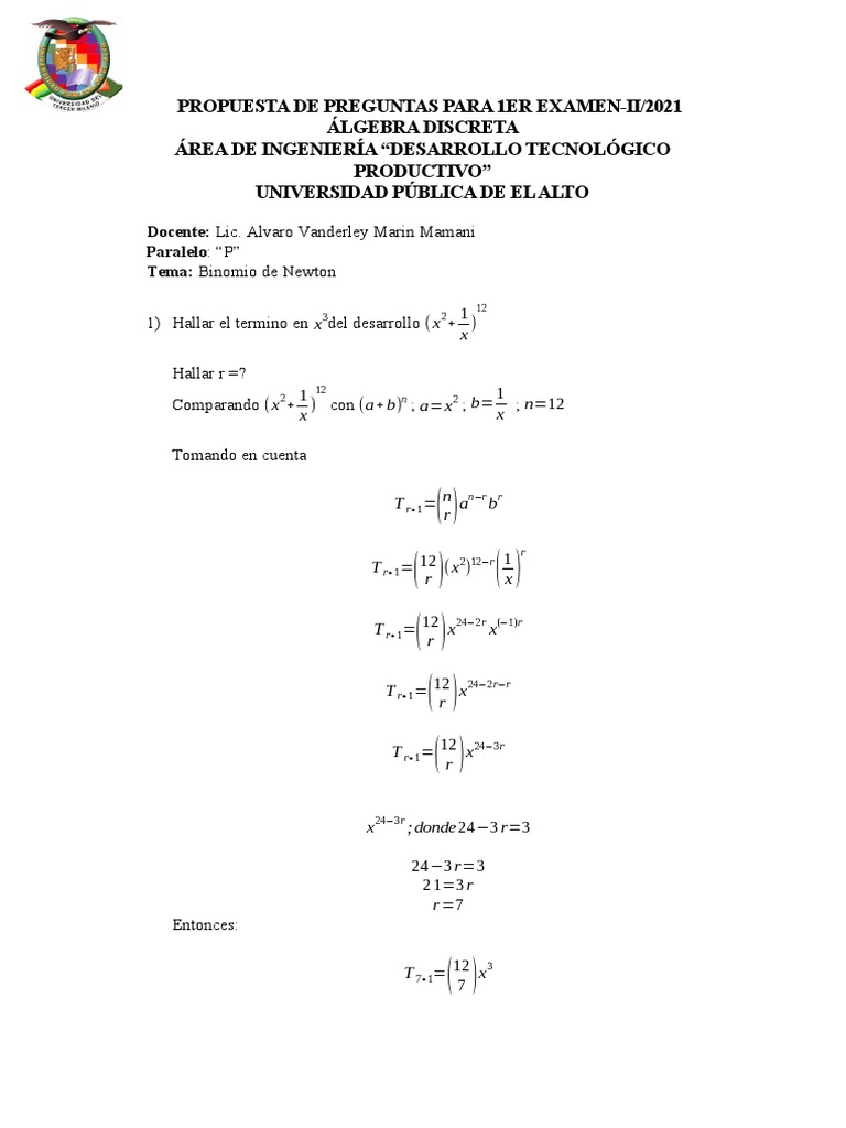 BINOMIO DE NEWTON - Propuesta de Ejercicio para Examen Final Algebra Discreta II-2021 | PDF ...